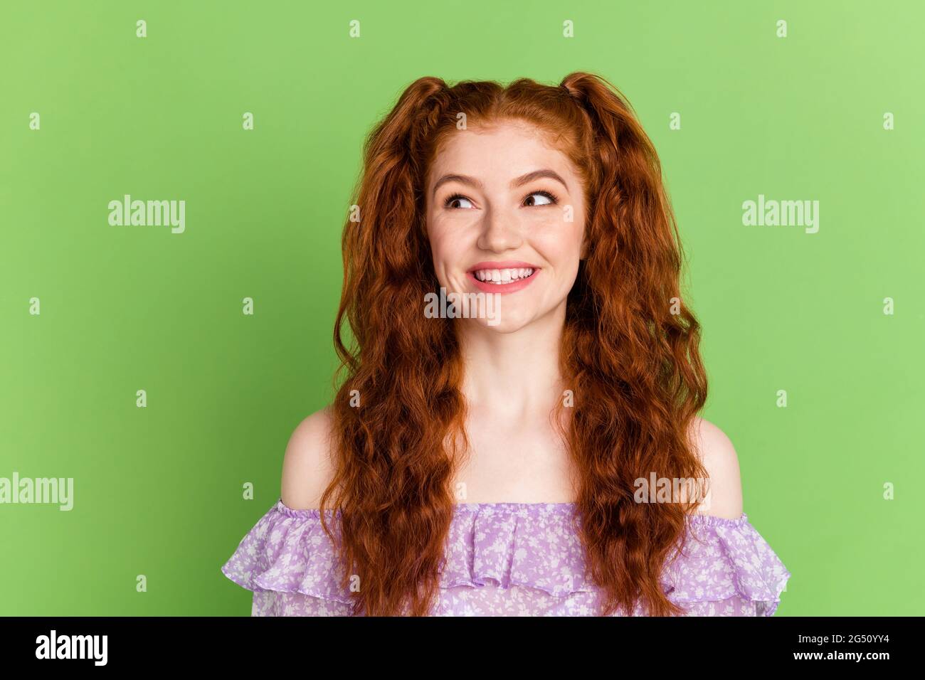 Photo of lovely ginger hairstyle millennial lady look empty space wear ...