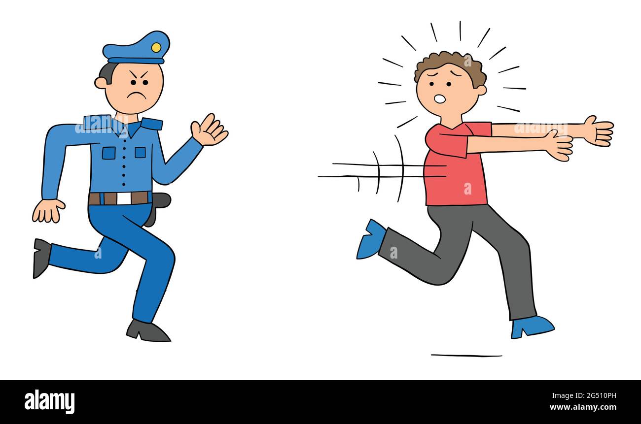 Cartoon police chasing man, vector illustration. Colored and black ...