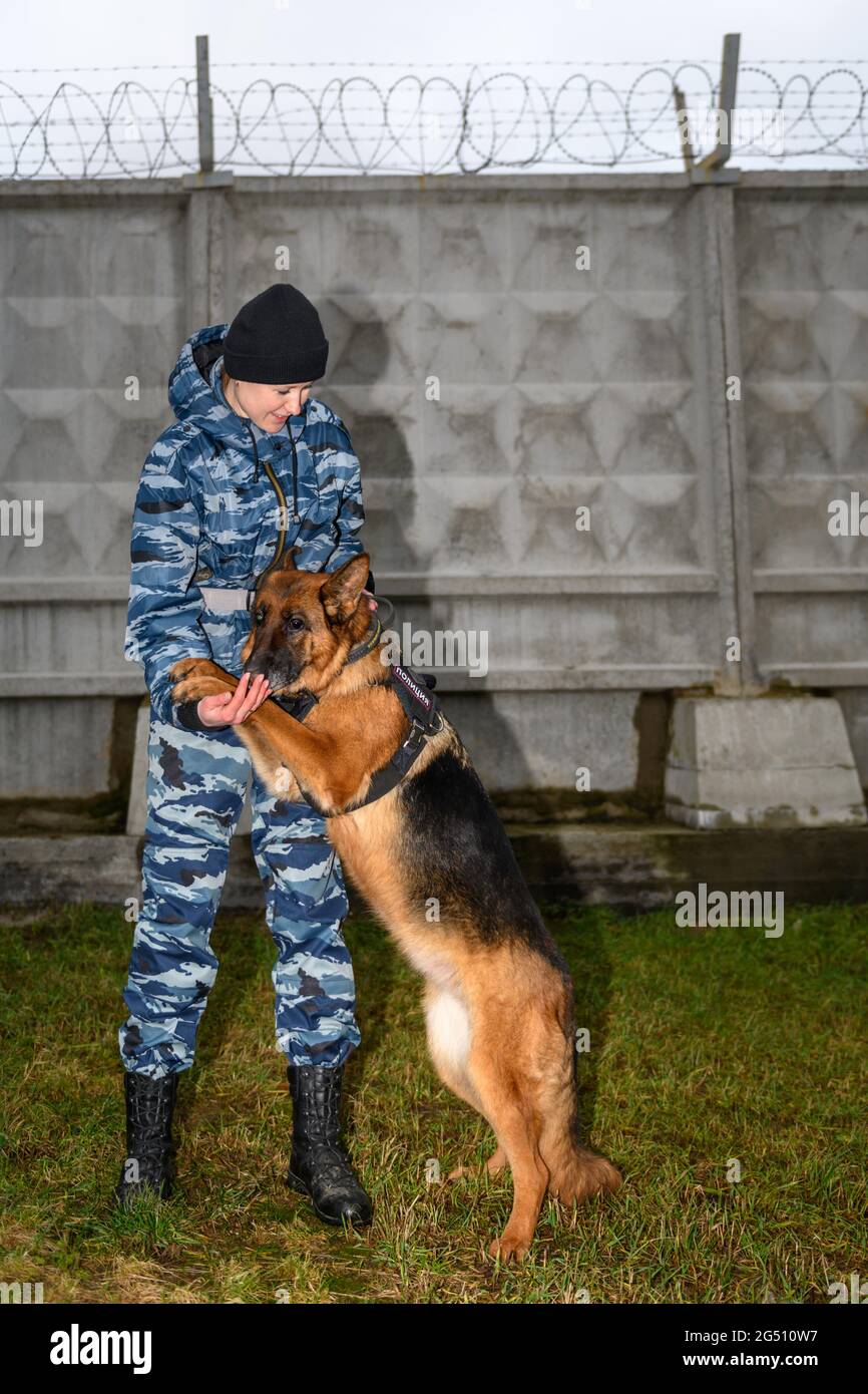 Female police officers with a trained dog. German shepherd police dog ...