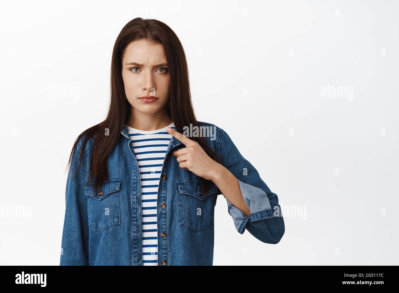 Angry woman pointing at herself, what about me gesture, complaining and ...