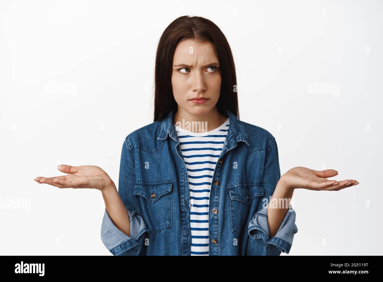 What wrong. Confused woman furrow eyebrows upset and puzzled, dont ...