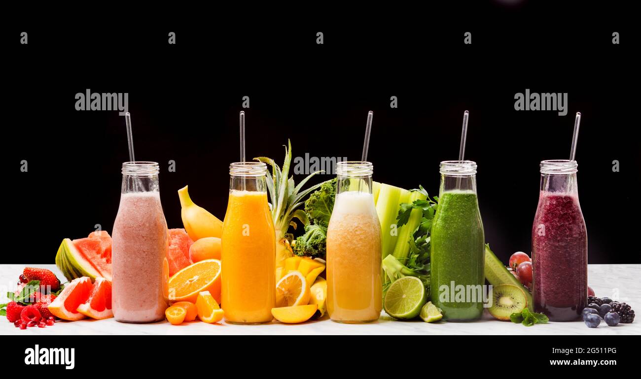 The set of colorful smoothies with exotic fruits Stock Photo - Alamy