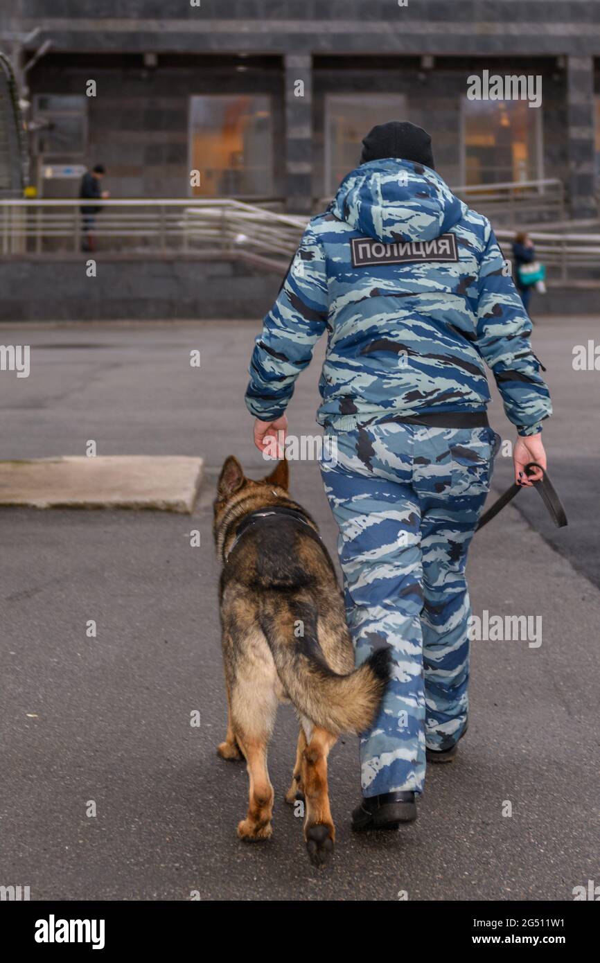 Female police officers with a trained dog. German shepherd police dog. Russian Police. Sign ...