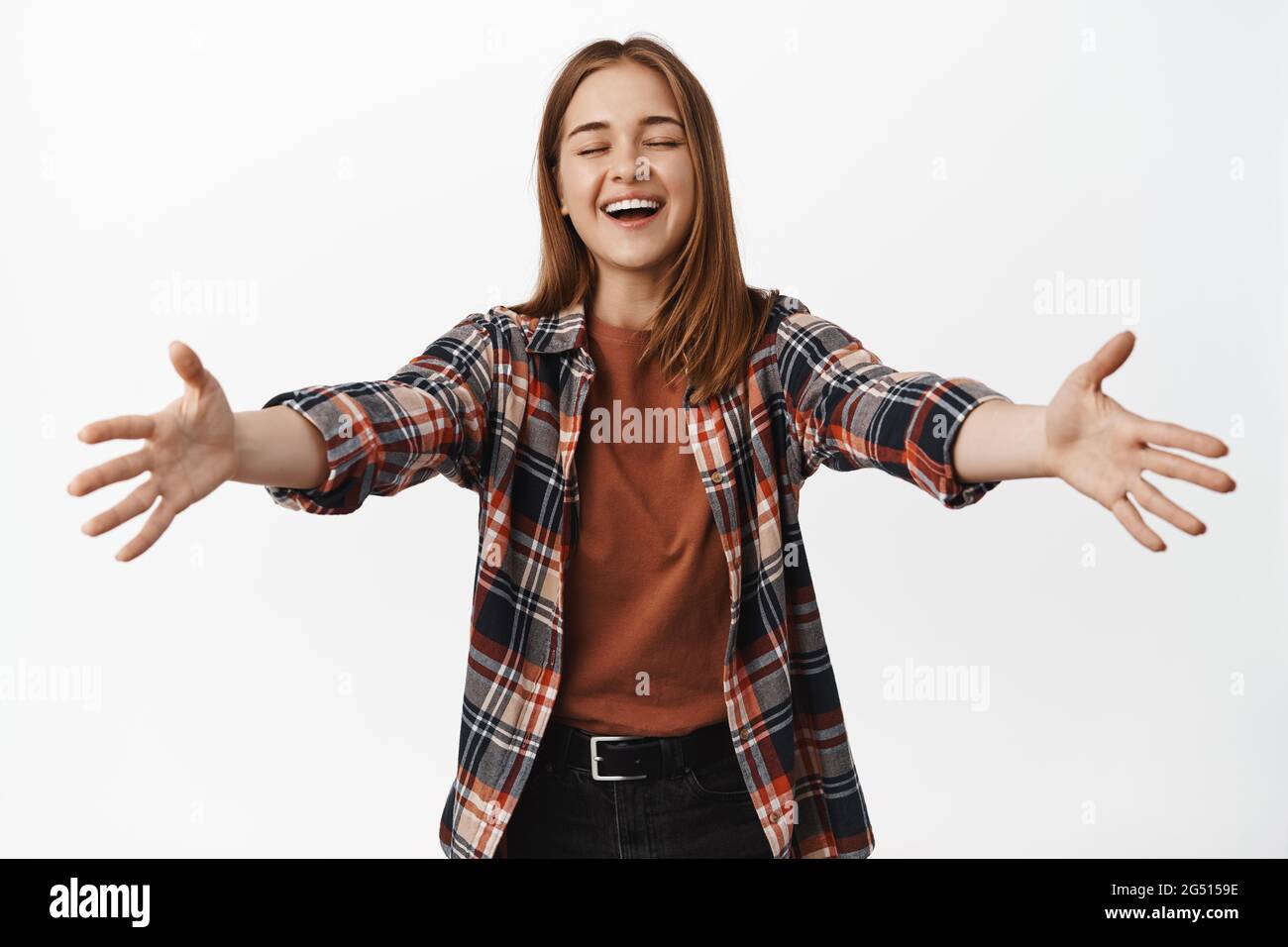 Beautiful girl extending hands, stretching out arms for hugs, embrace ...