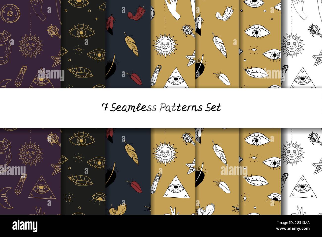 Seamless patterns set with hand drawn doodle line art celestial bodies ...