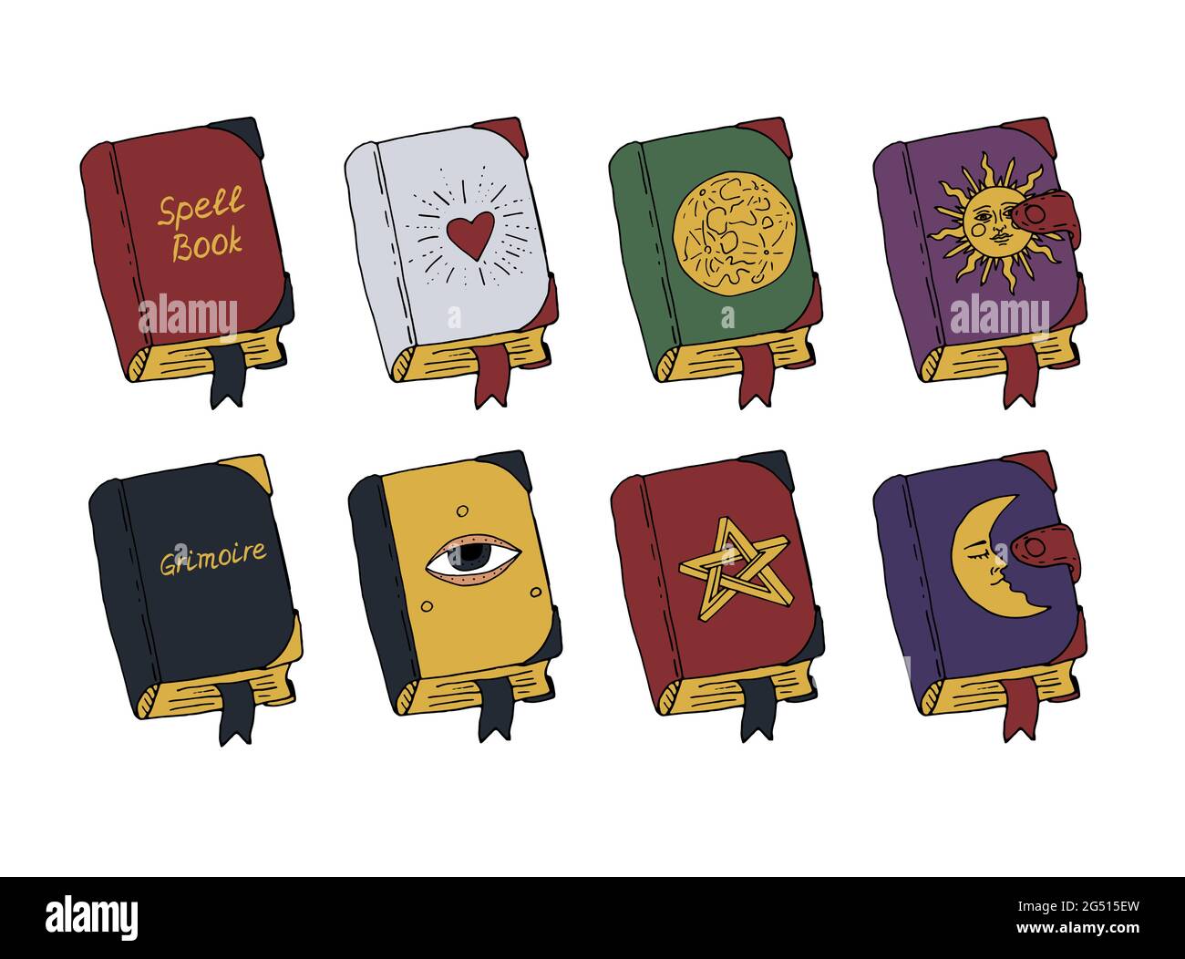 Line art illustration of hand drawn magic books. Spell books set Stock ...