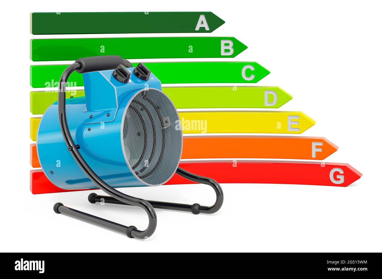 Blower heater with energy efficiency chart, 3D rendering isolated on ...