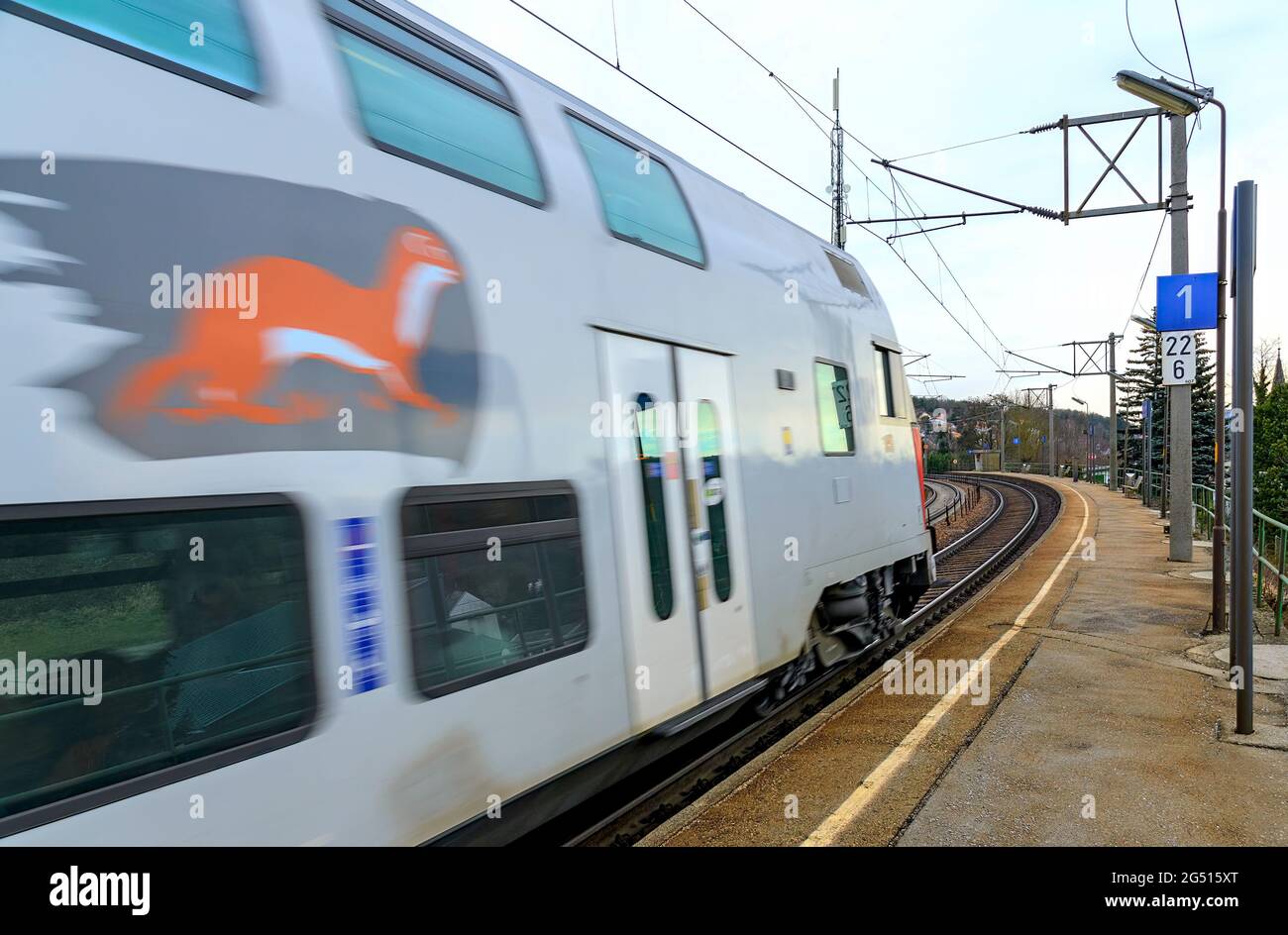 a train of the Austrian Federal railway with the logo of a weasel ...