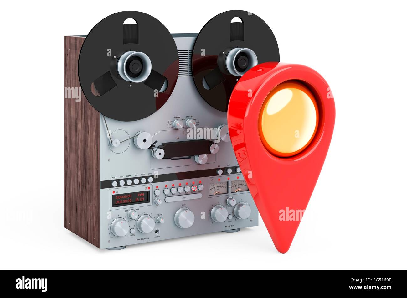 Map pointer with reel-to-reel tape recorder, 3D rendering isolated on ...