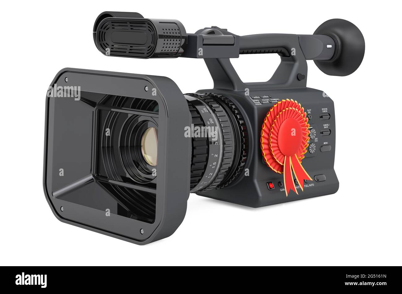 Professional video camera with best choice badge, 3D rendering isolated ...