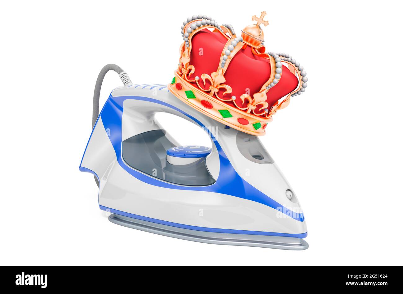 Electric steam iron with golden crown, 3D rendering isolated on white ...