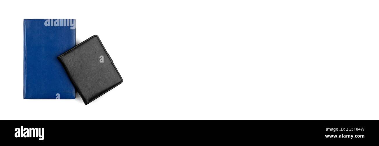 Minimal workspace banner with black and blue leather notebook on the ...