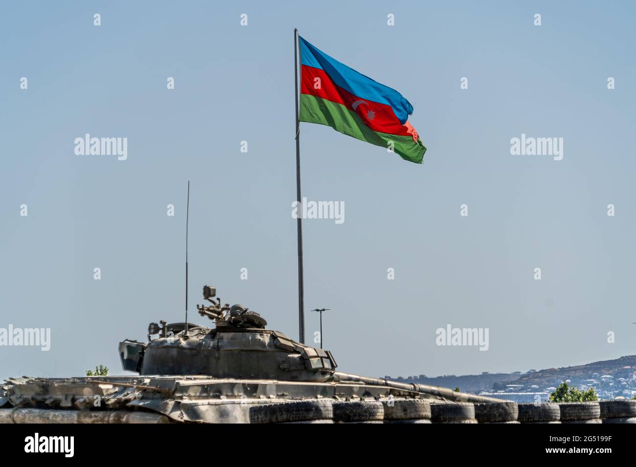 Baku, Azerbaijan. 16th June, 2021. Azerbaijan flag flying above a ...