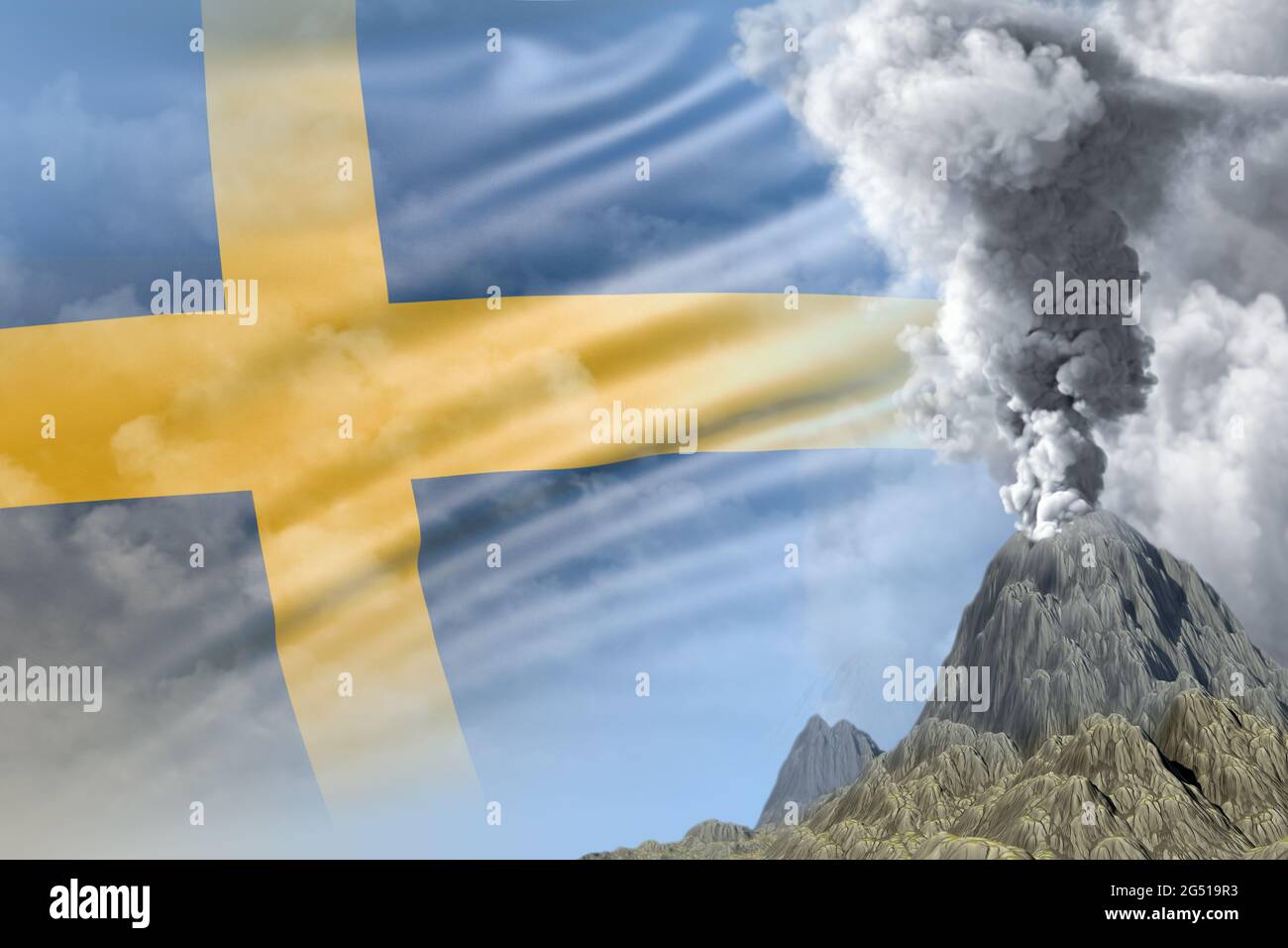 conical volcano eruption at day time with white smoke on Sweden flag ...