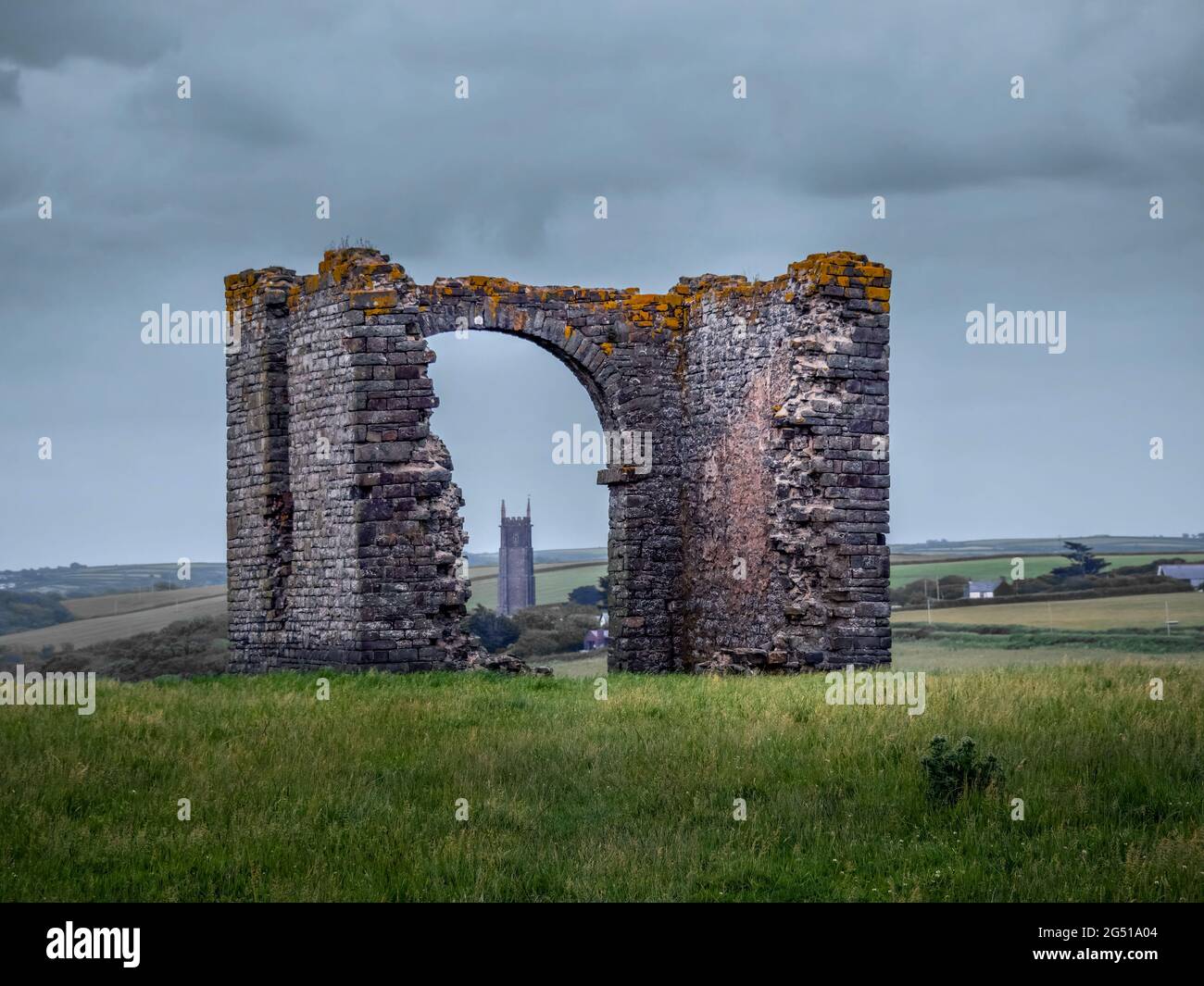 Old stone Folly building behind Blackpool Beach near Hartland, North ...