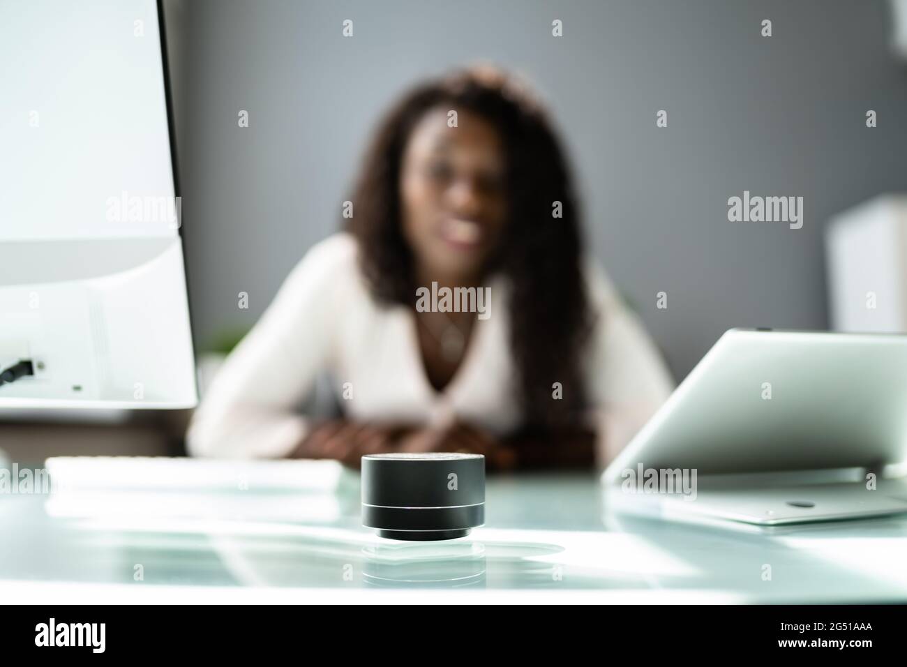 Using Smart Speaker And Voice Assistant. Listening Assistant In Office ...