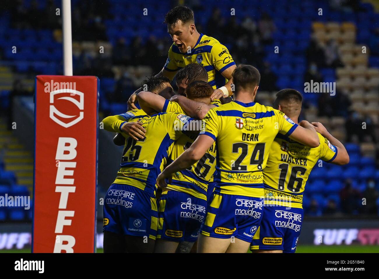 Eribe Doro (25) of Warrington Wolves celebrates his try in, on 6/24 ...