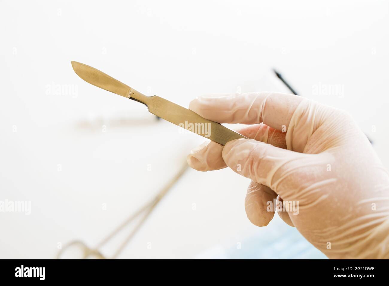 Closeup shot of a gloved hand holding a surgical scalpel Stock Photo ...