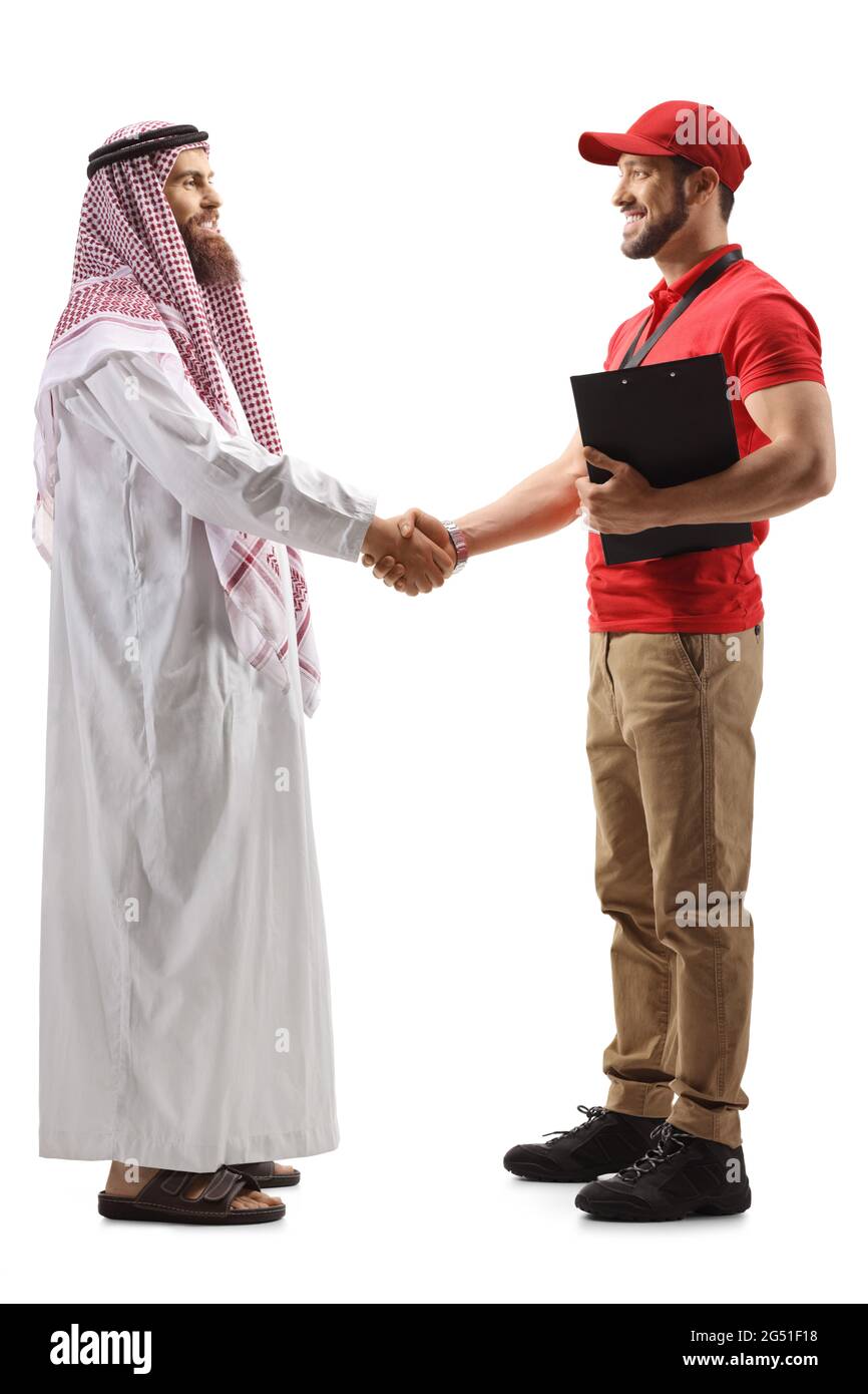 Full length profile shot of a delivery man shaking hands with a saudi ...