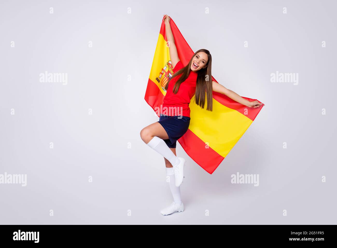 Full body photo of crazy joyful fun lady cheering support soccer team ...