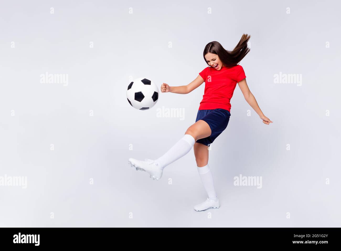 Full body profile photo of crazy lady goalkeeper player soccer team ...