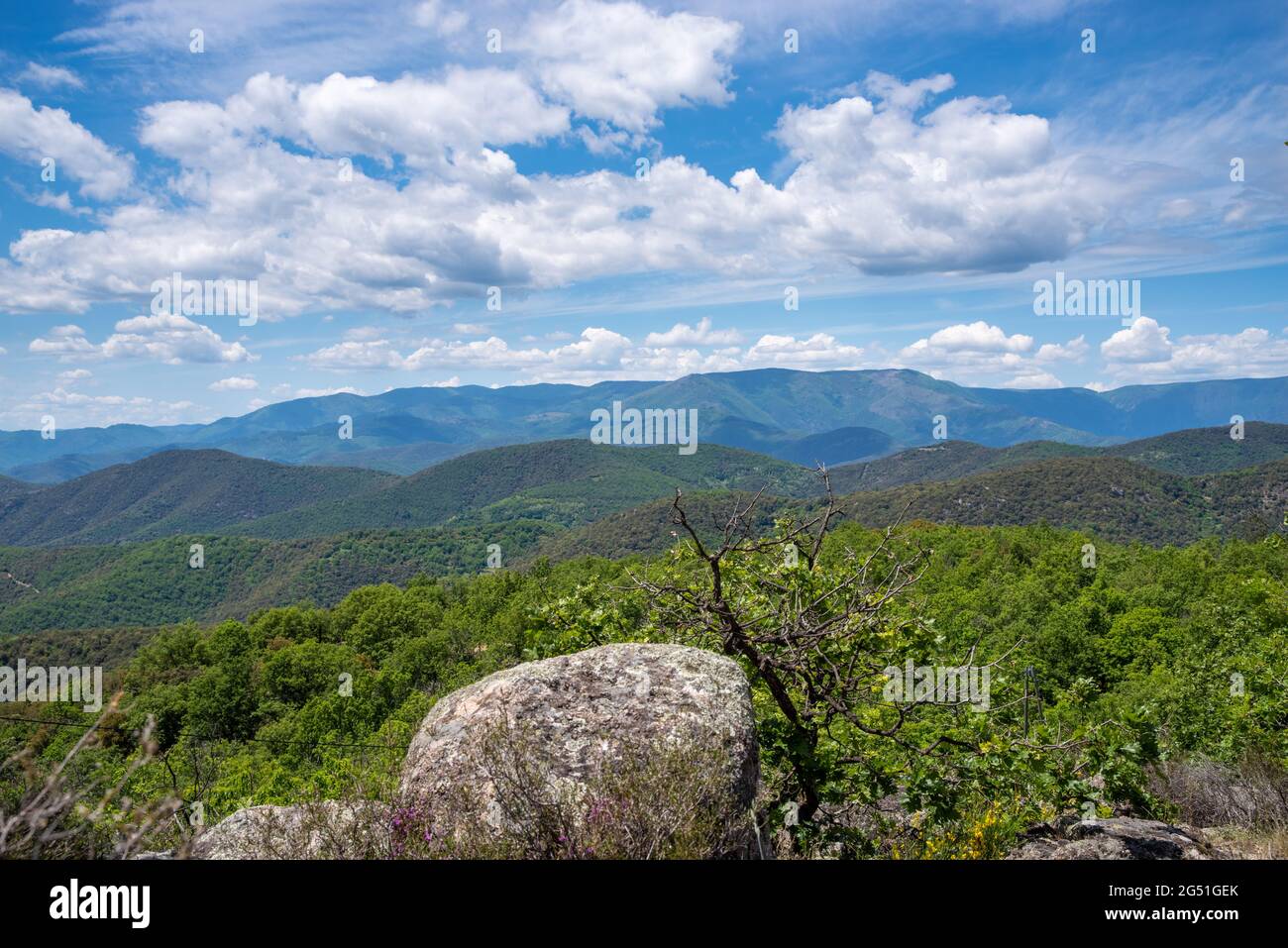 View into the landscape of the southern French Cevennes, hilly ...