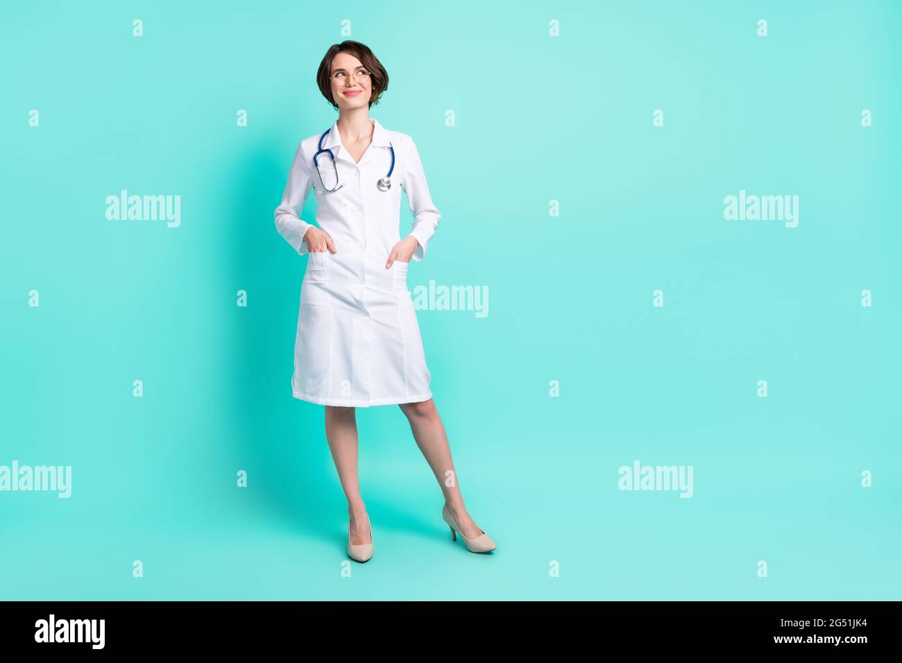 Full length body size photo of nurse smiling wearing white coat glasses ...