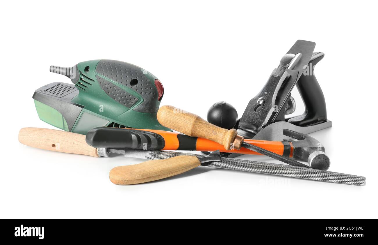 Set of carpenter's tools on white background Stock Photo - Alamy