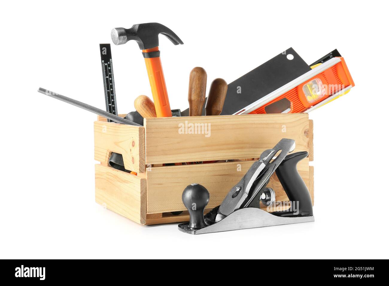 Box with different carpenter's tools on white background Stock Photo ...