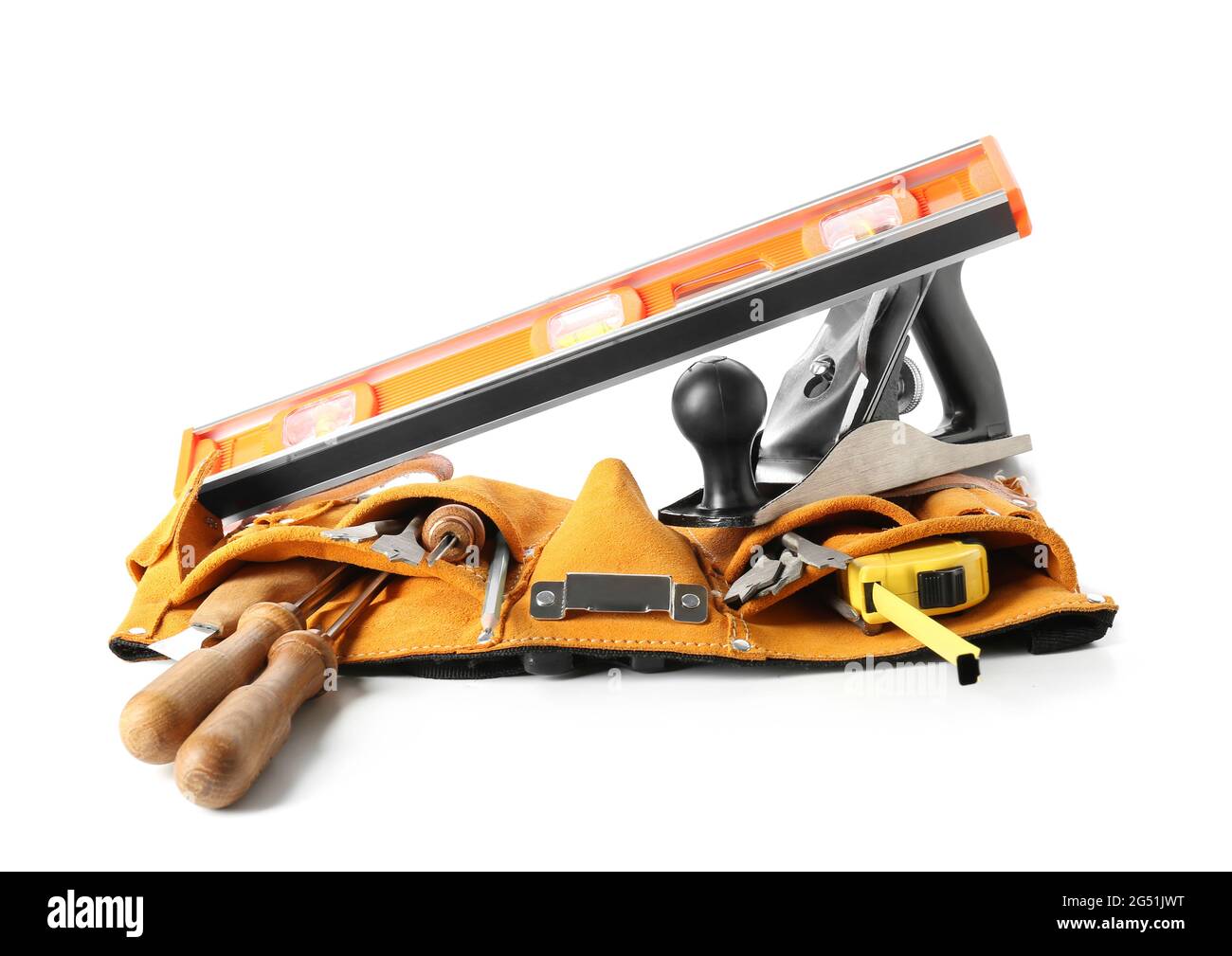 Belt with different carpenter's tools on white background Stock Photo ...