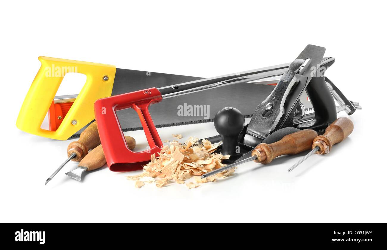 Set of carpenter's tools on white background Stock Photo - Alamy