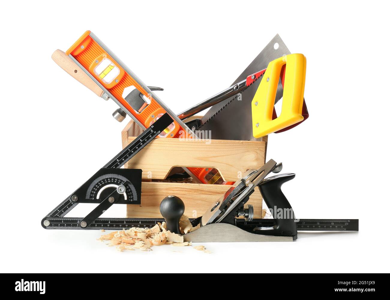 Box with different carpenter's tools on white background Stock Photo ...