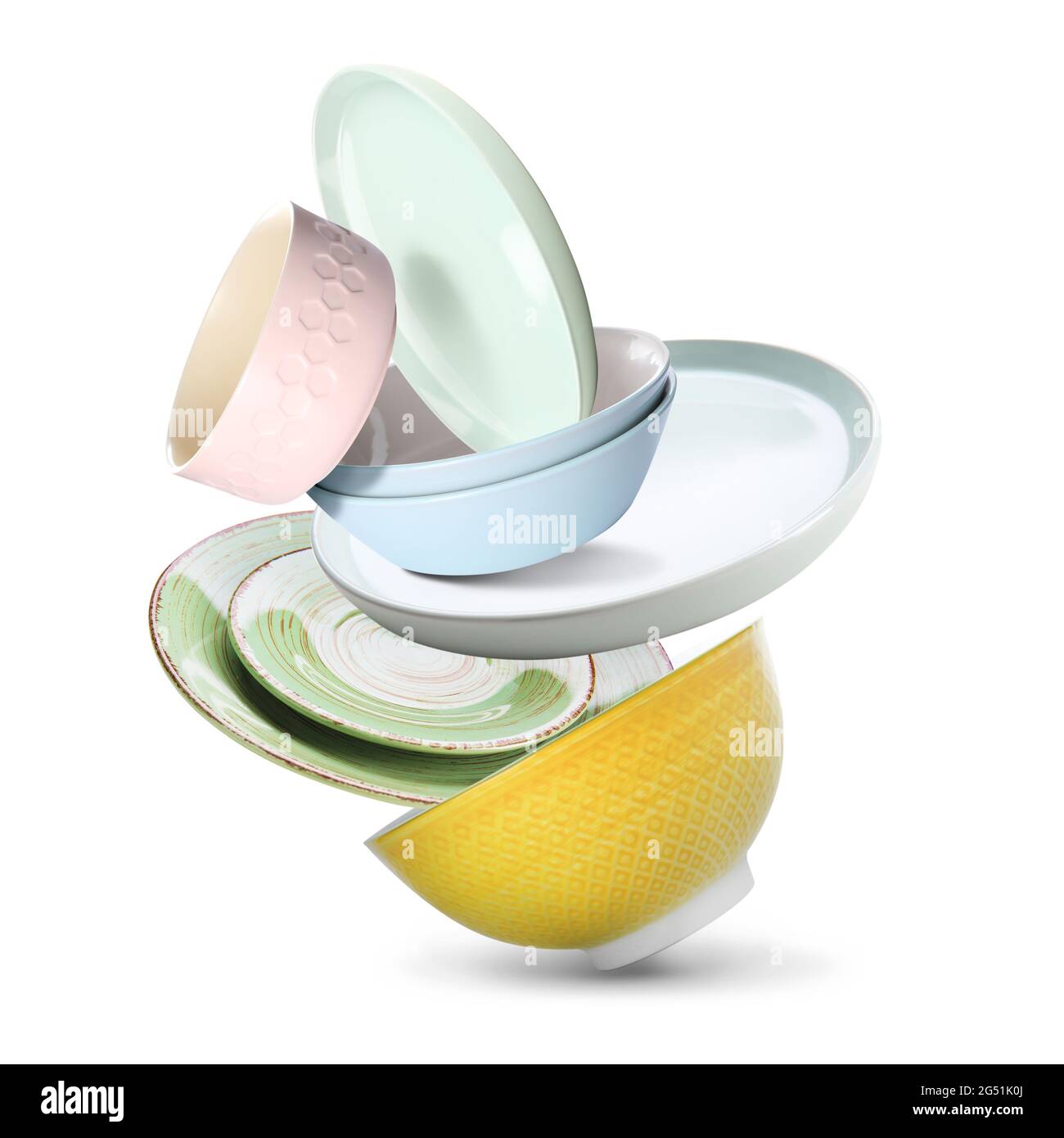 Flying clean plates on white background Stock Photo - Alamy