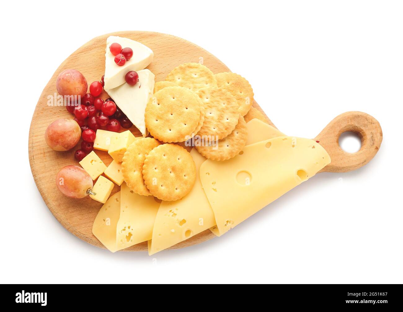 Board with tasty crackers and cheese on white background Stock Photo ...
