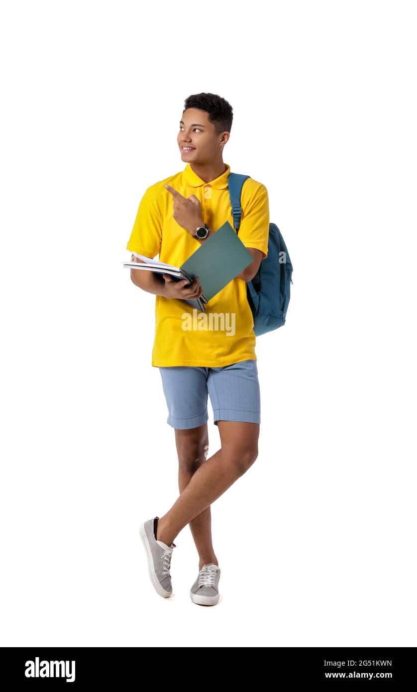 Male African-American student pointing at something on white background ...