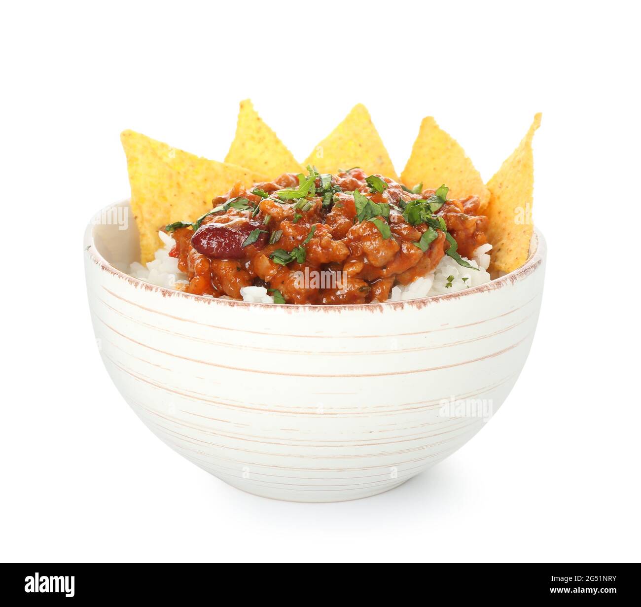 Bowl with tasty chili con carne, rice and nachos on white background ...