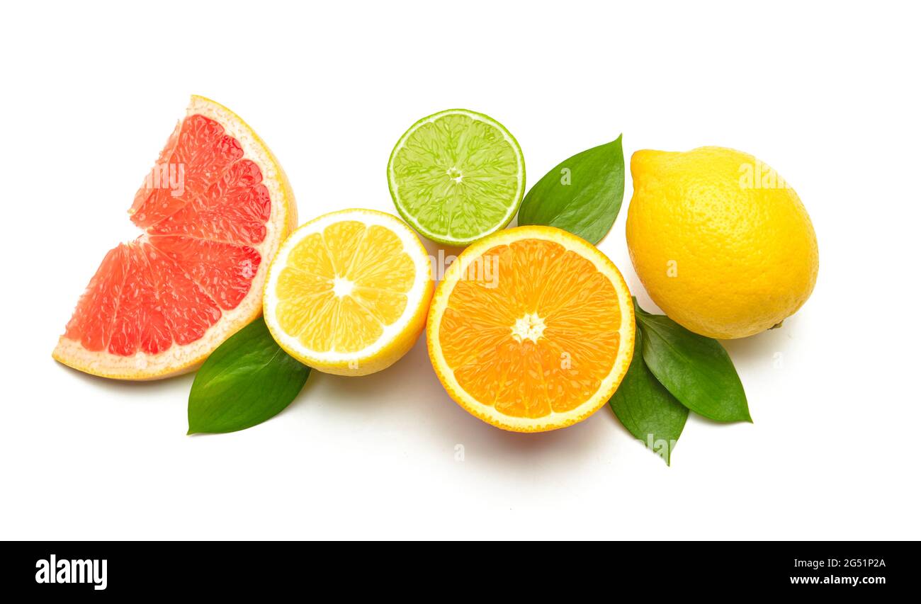 Healthy citrus fruits on white background Stock Photo - Alamy