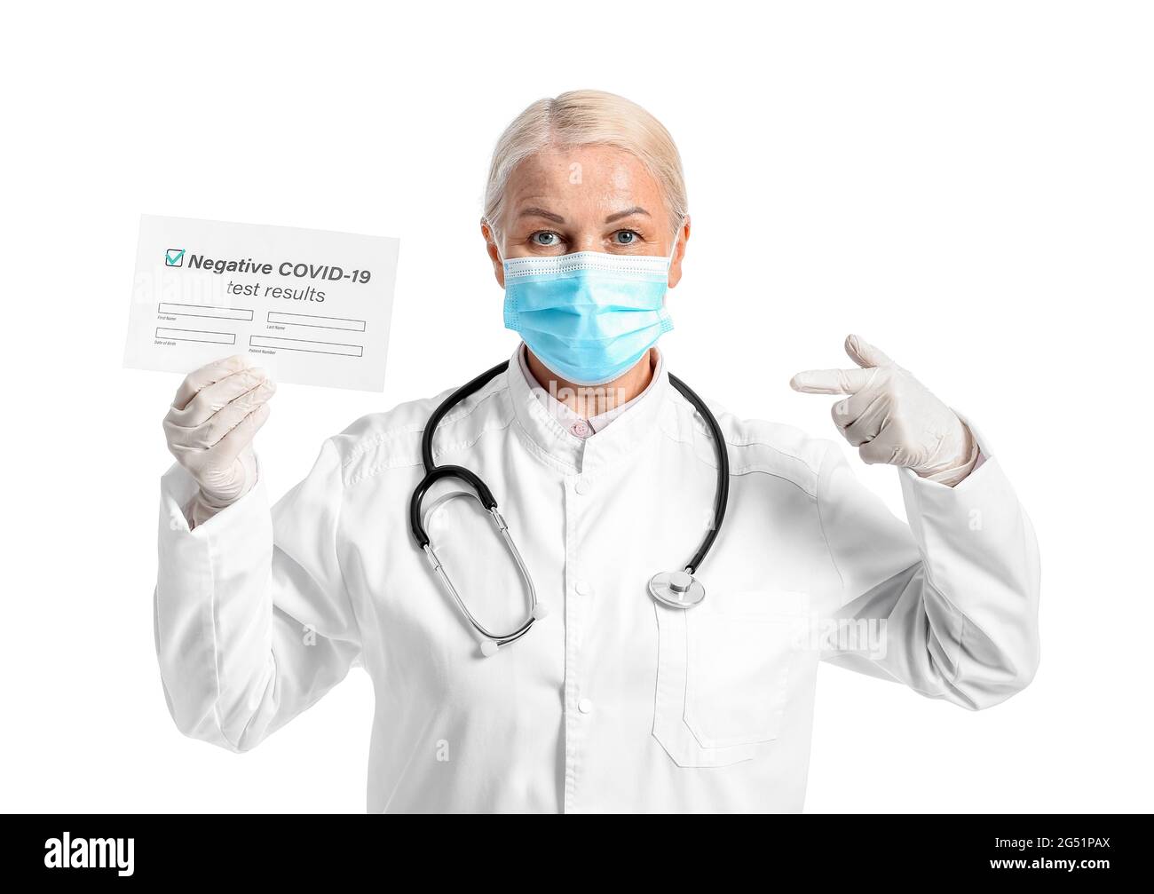 Doctor with negative covid-19 test result on white background Stock ...