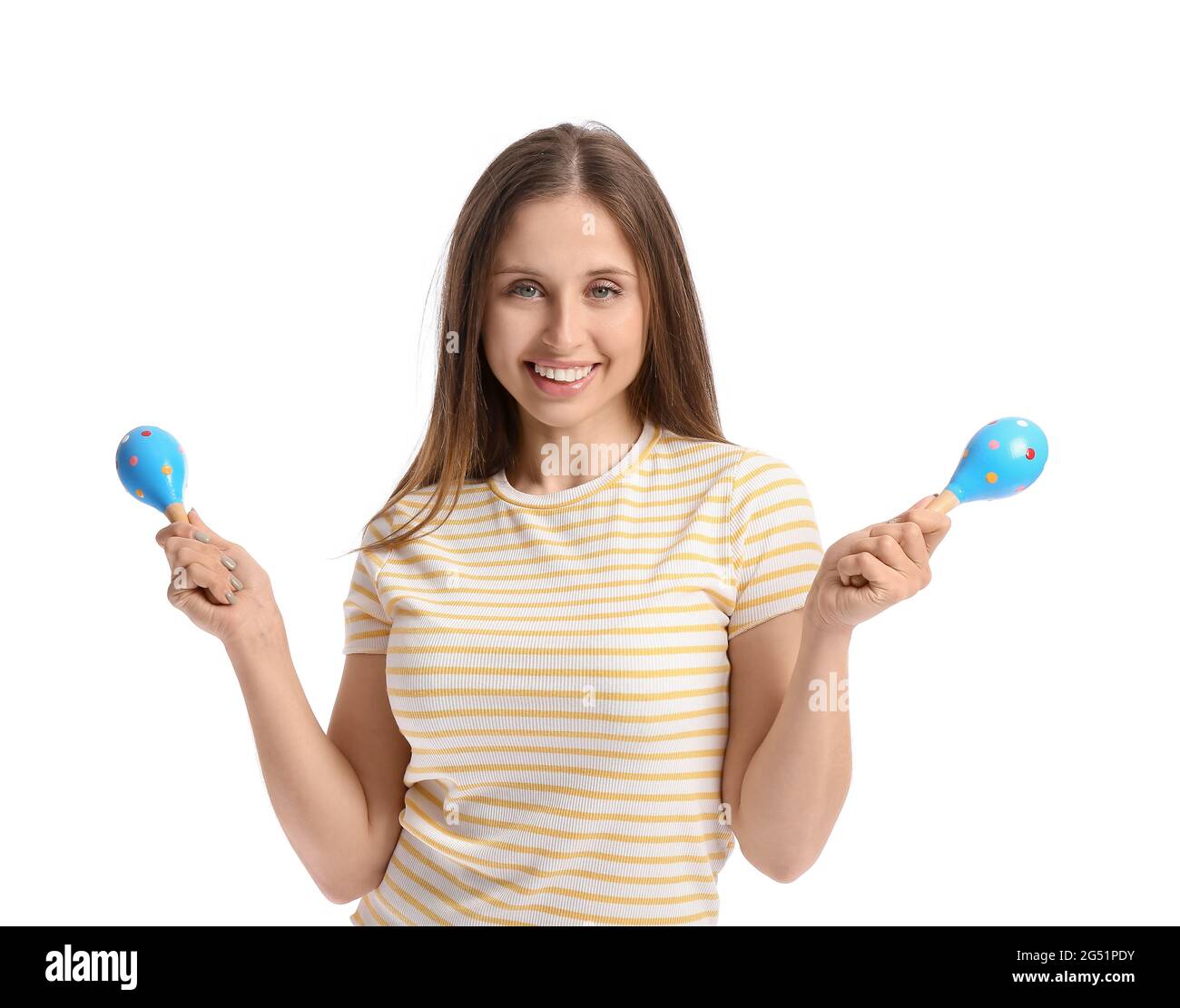 Happy young Mexican woman with maracas on white background Stock Photo ...