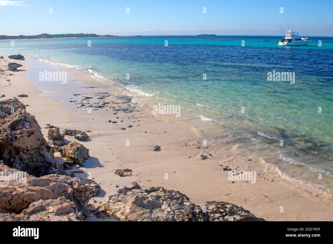Boat anchored off Parker Point on Rottnest Island Stock Photo - Alamy