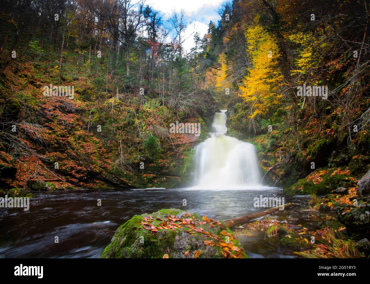 Gairloch Falls, Cape Breton. Close up of high waterfall river in autumn ...