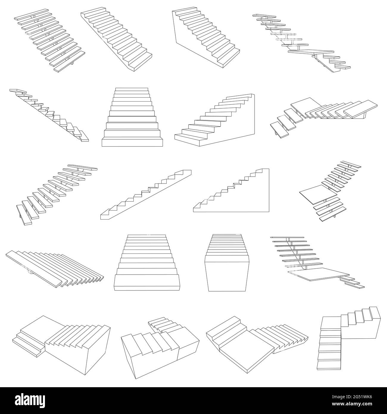 Set with contours of stairs of different types isolated on white ...