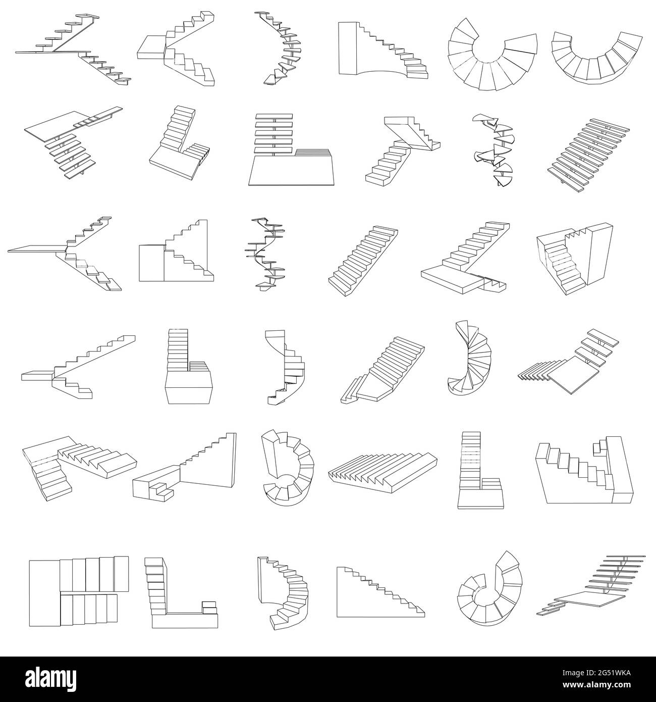 Set with contours of stairs of different types isolated on white ...
