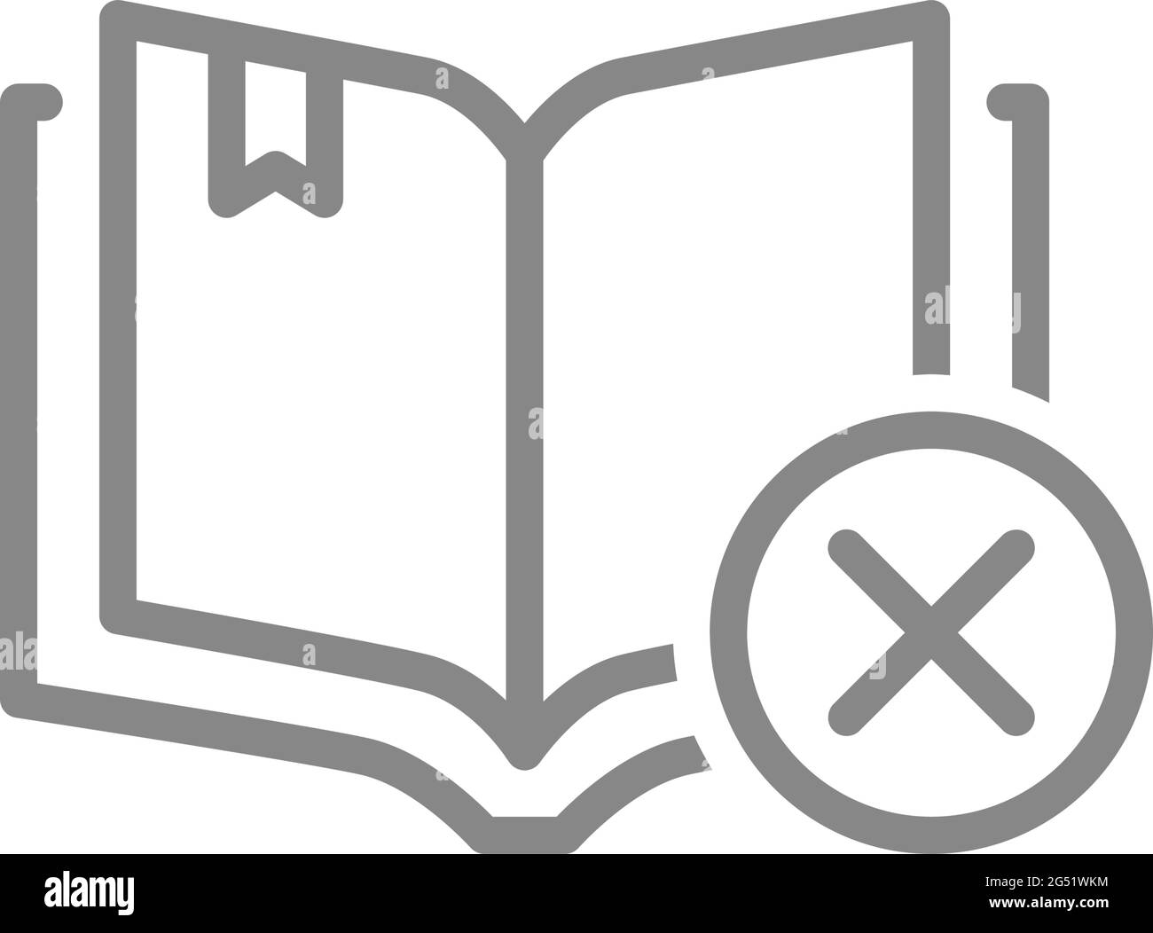 Open book with cross checkmark line icon. Book rejected, library symbol ...