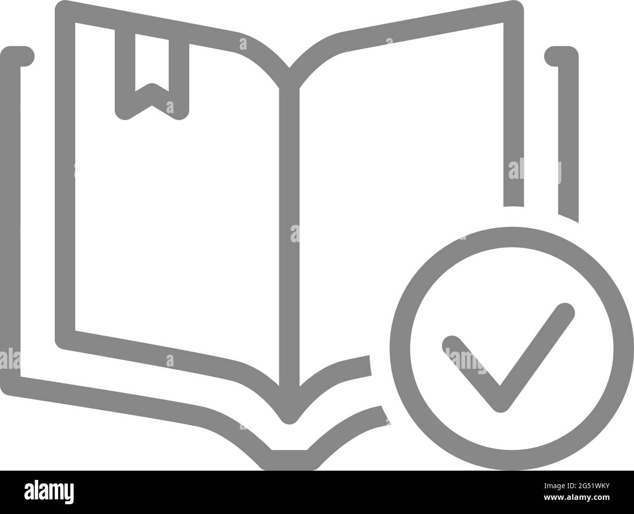 Open book with tick checkmark line icon. Book verification, library ...