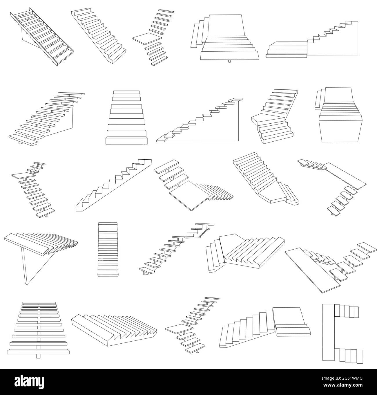 Set with contours of stairs of different types isolated on white ...