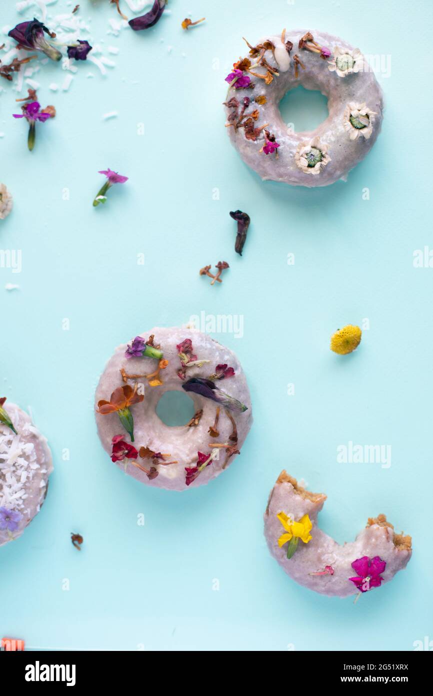 Colorful donut scene with edible flowers Stock Photo - Alamy