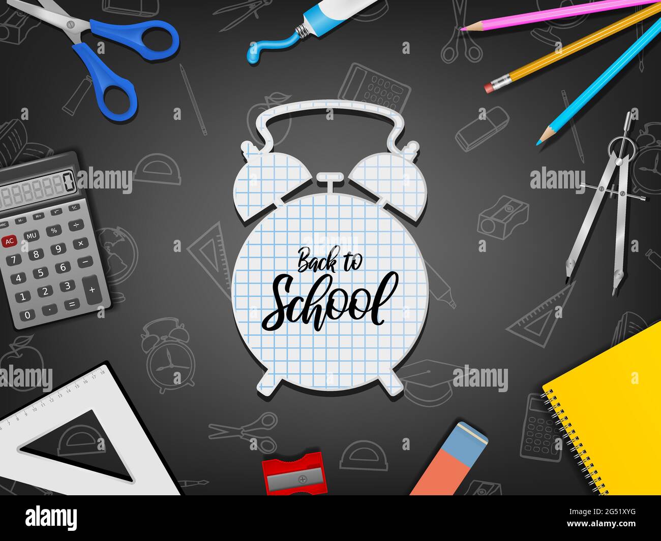 Back to school poster with realistic supplies on chalkboard background ...