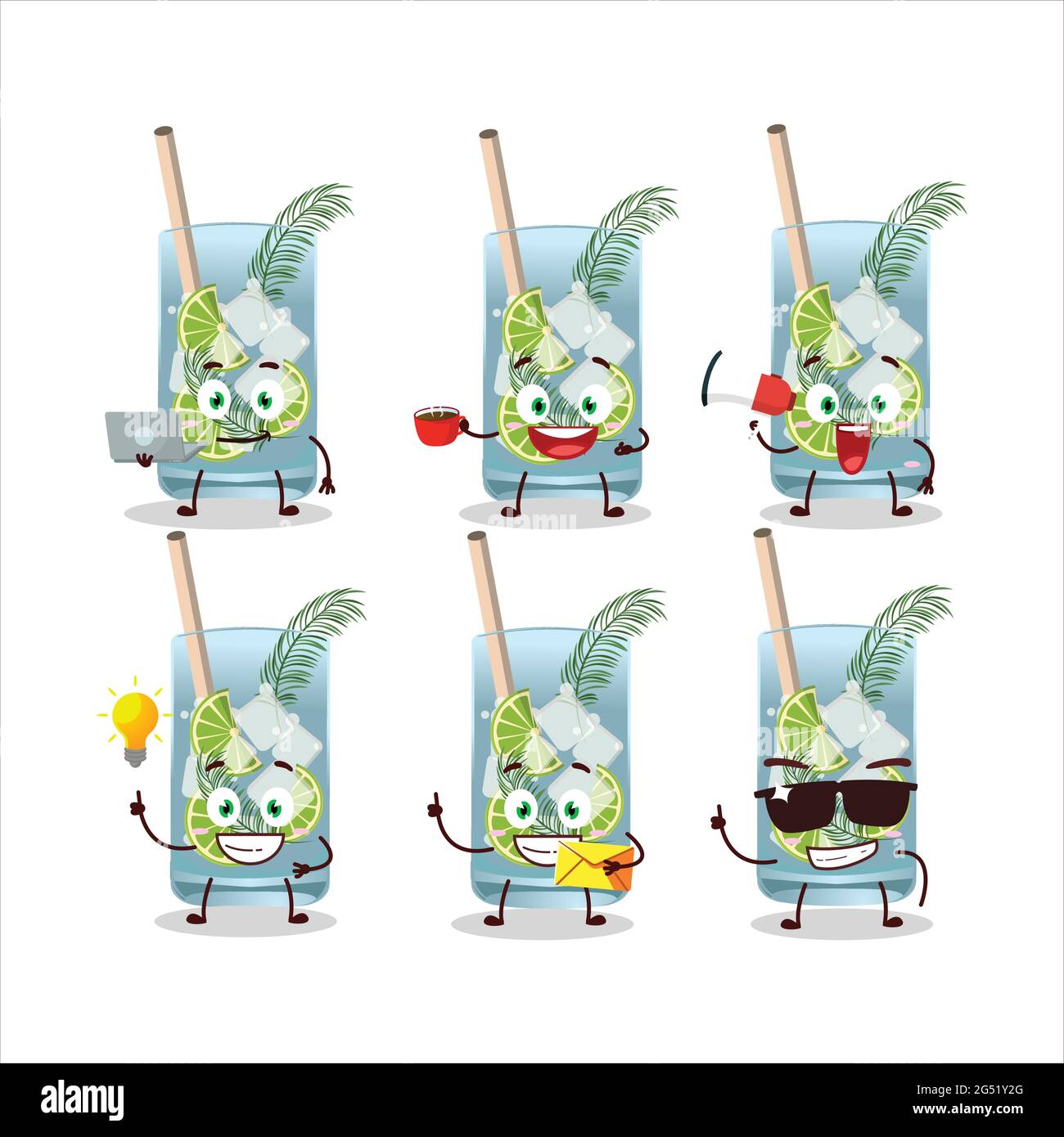 Gin tonic cartoon character with various types of business emoticons ...