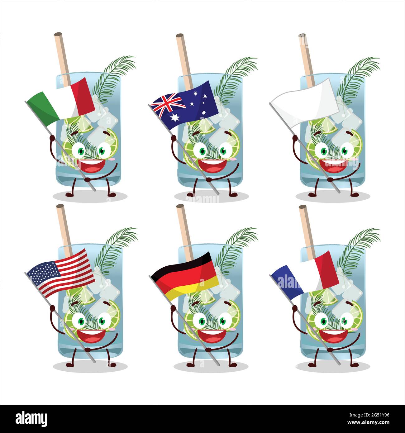 Gin tonic cartoon character bring the flags of various countries ...